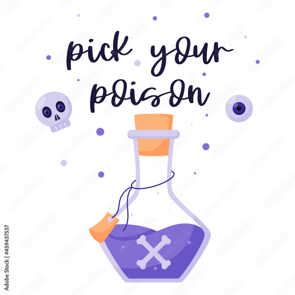 A round flask with a purple liquid poison. Witch's potion in a ...