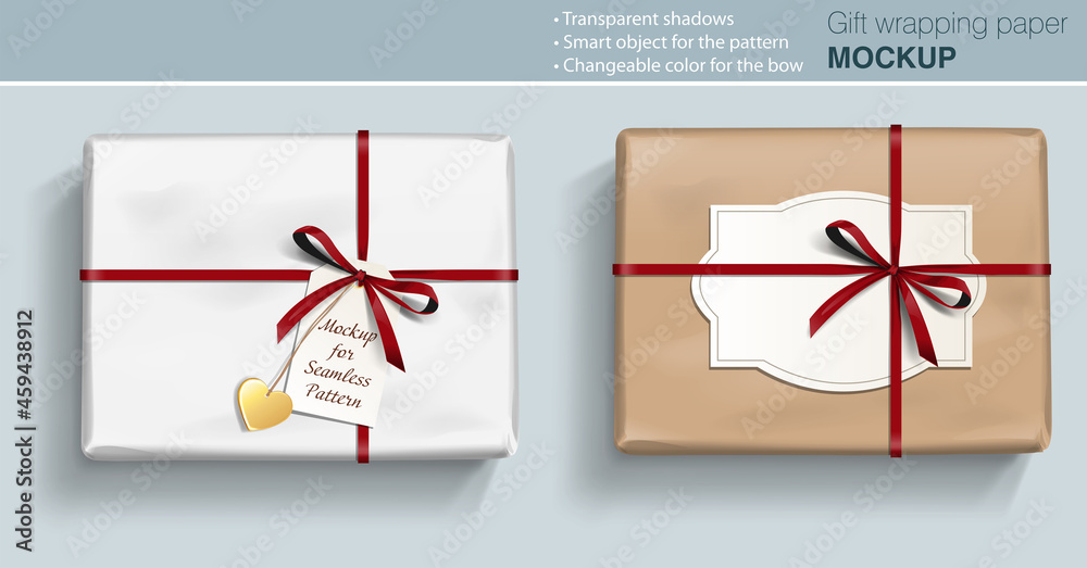Vector gift paper box mock up with bow on light background with ...
