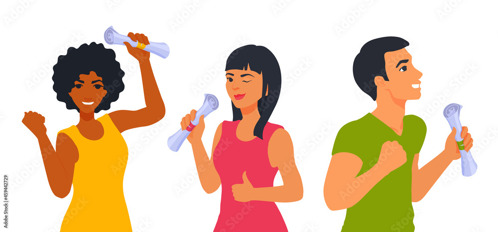 Students celebrating graduation, diploma. People graduated. Graduate ...