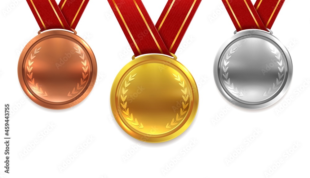 Medal set realistic. Red ribbons gold silver and bronze medals with ...