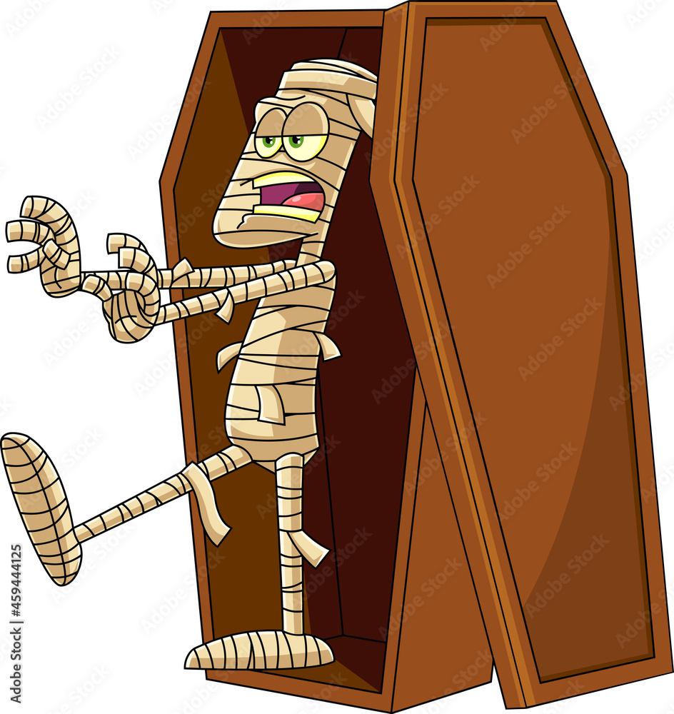 Funny Mummy Cartoon Character Stepping Out Of A Coffin. Vector Hand ...