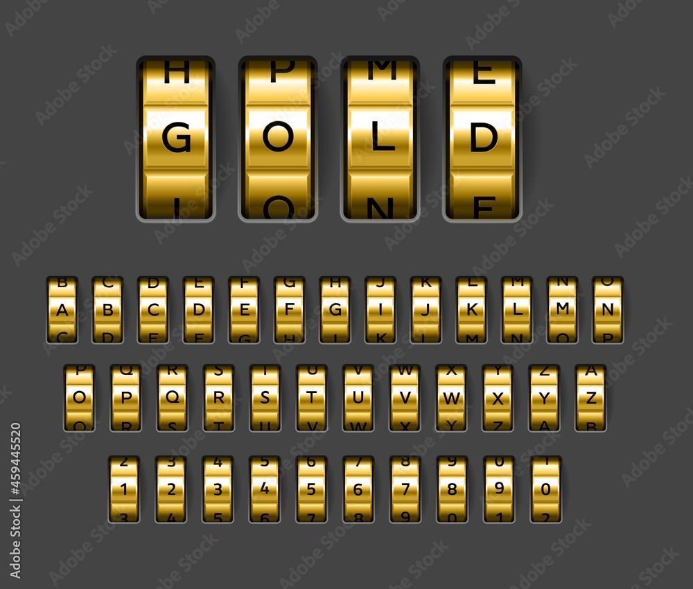 Gold locks combination. Realistic rotating secret unlock code font ...