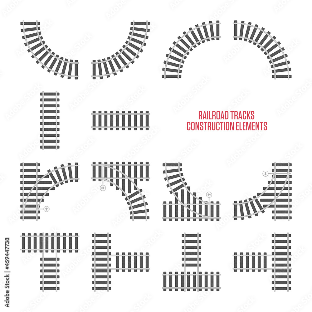 Train track or railroad set in flat style. Top view. Curvy and straight rails set, railway ...