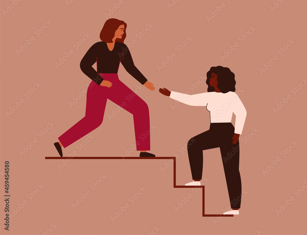 Women support each other. Two females rise up together on the stairs ...