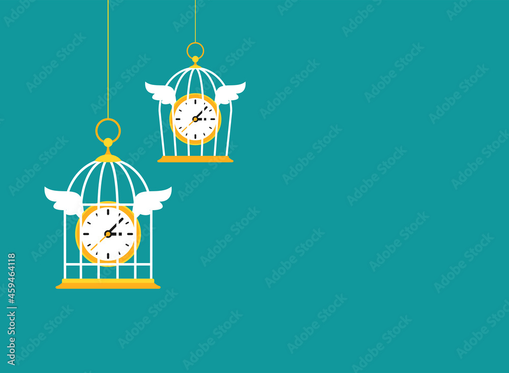 Blue business background with locked golden bird cage and golden clock ...