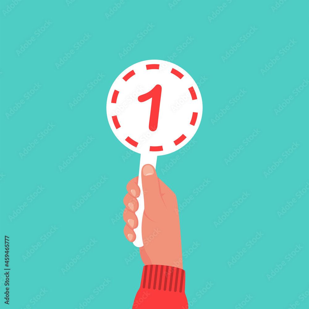 Score card 1. Number table. Digit rating on a scorecard. Human hand ...