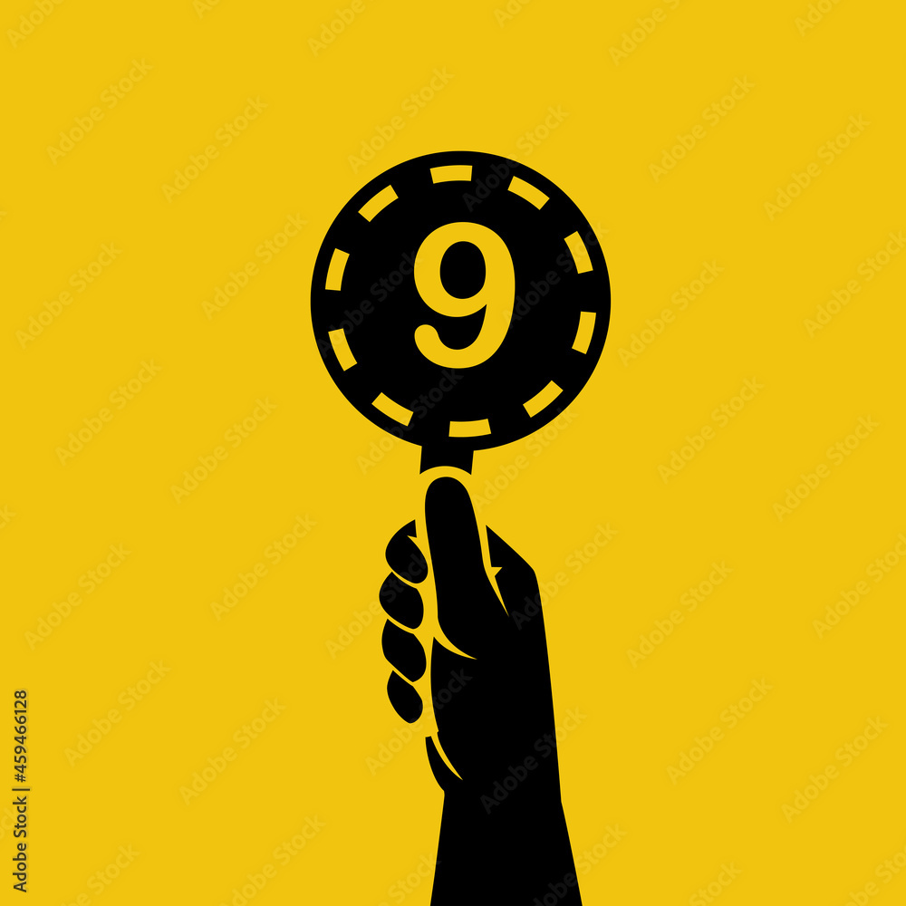 Score card 9. Number table. Digit rating on a scorecard. Human hand ...