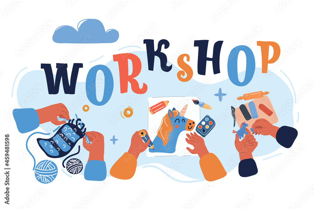 Vector illustration of Creative workshop, children, draw, make ...
