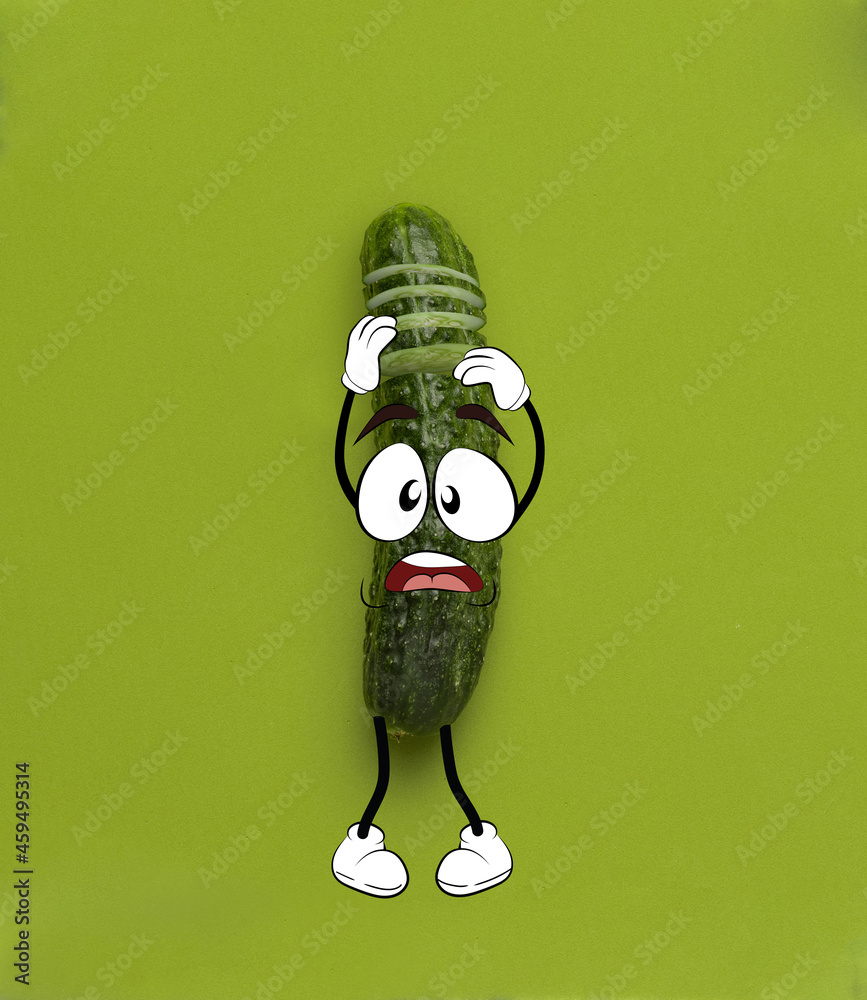 Funny cute green cucumber like little man standing isolated over green ...