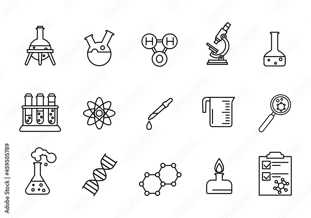Set of chemistry laboratory icons. Flat pictogram for web. Line stroke ...