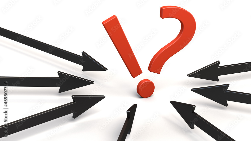 3D rendering. Red exclamation and question marks on a white background ...