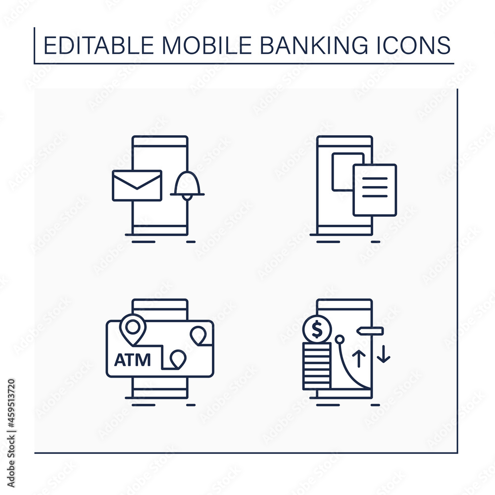 Mobile banking service line icons. Email alert, paperless statements ...