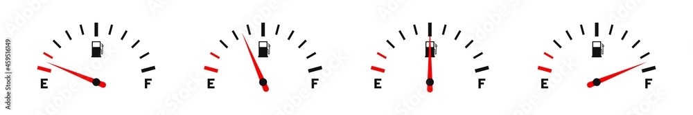 Fuel gauge. Set of fuel gauge indicators. Scale with arrow, empty and ...