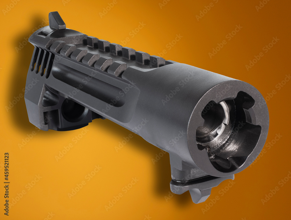 Slide and barrel assembly for a pistol with front sight on an orange ...