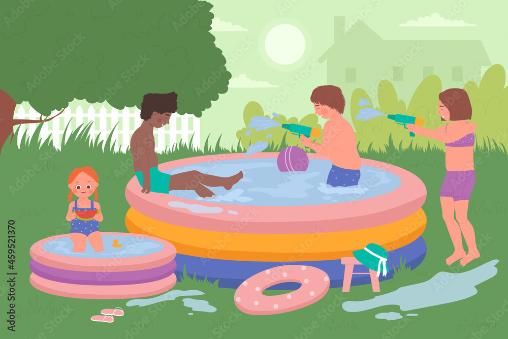 Kids play fun game together in summer backyard pool vector illustration ...