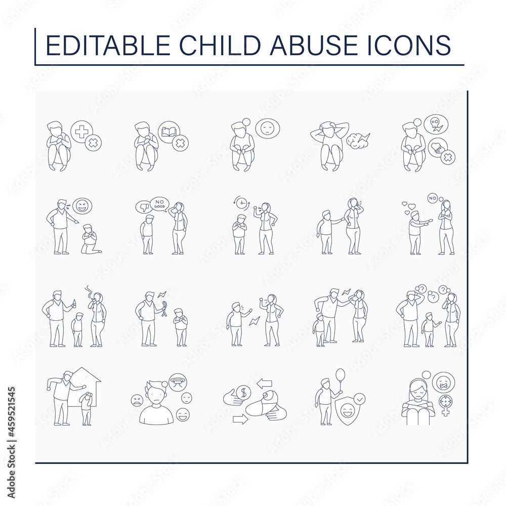 Child abuse line icons set. Shaming, humiliating.Bullying.Aggressive ...