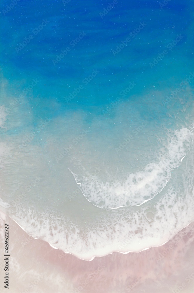 Resin art, beach, background. blue sea with white foam and light beige ...