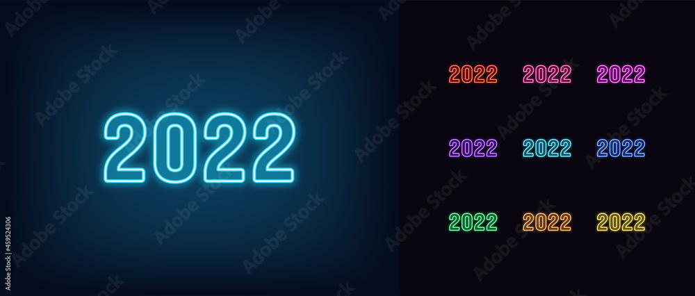 Outline neon 2022 icon. Glowing neon 2022 year sign, number set in ...