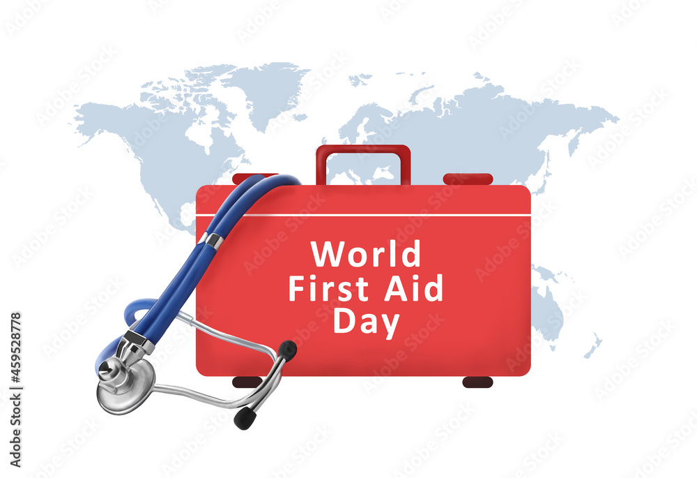 World First Aid Day. Kit of medical supplies, stethoscope and map on ...