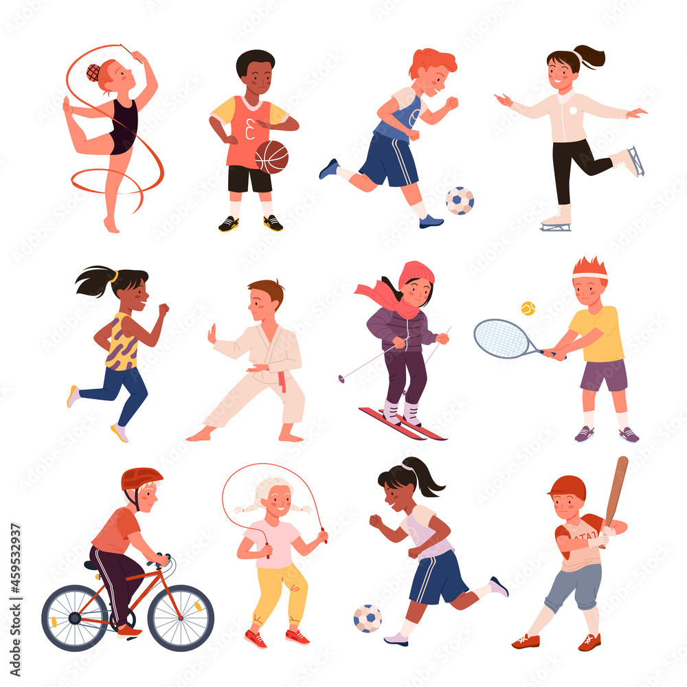 Kids doing sports exercises set vector illustration. Cartoon cute happy ...