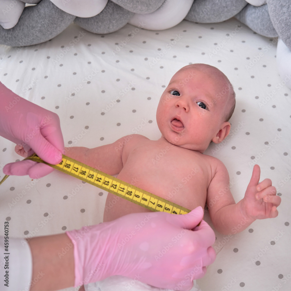 Doctor measures the growth of a newborn baby. A nurse in uniform checks ...