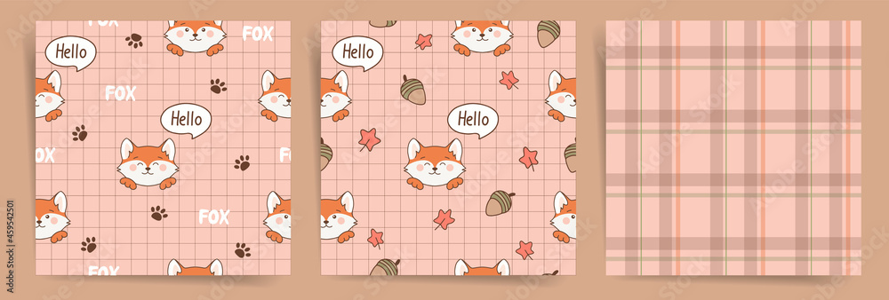 Seamless tartan kid pattern with fox face. Vector set of patterns for ...