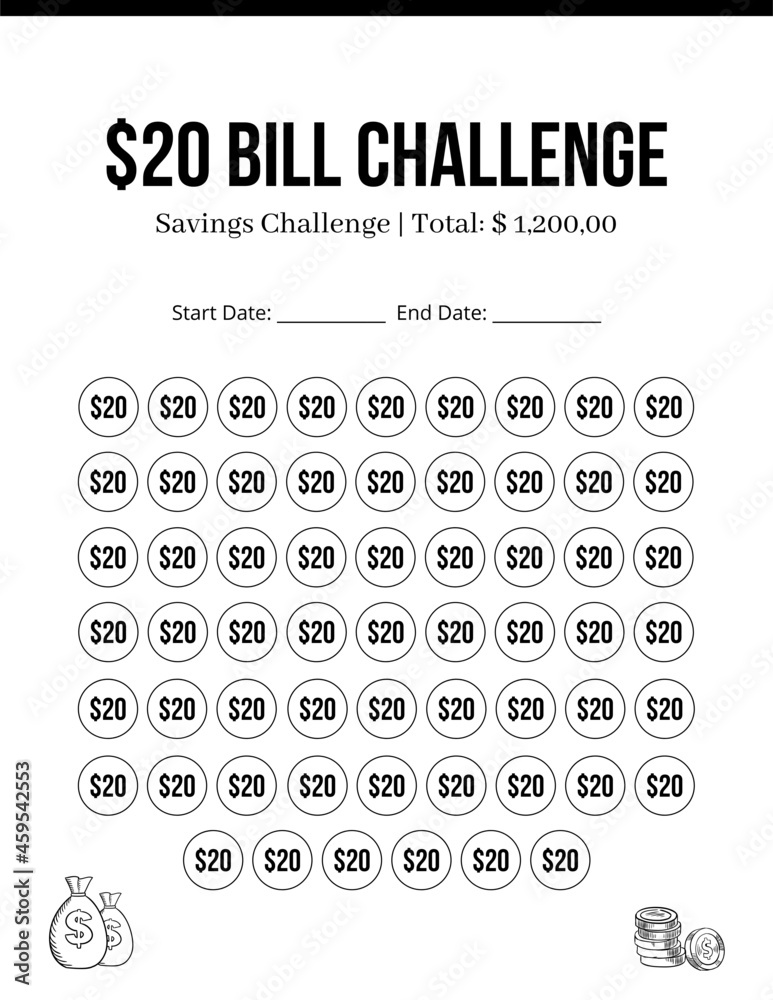 20 Dollar Bill Save Money Challenge, savings tracker, money challenge ...
