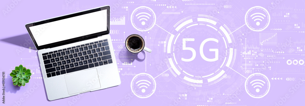 5G network with a laptop computer on a desk ภาพถ่ายสต็อก | Adobe Stock
