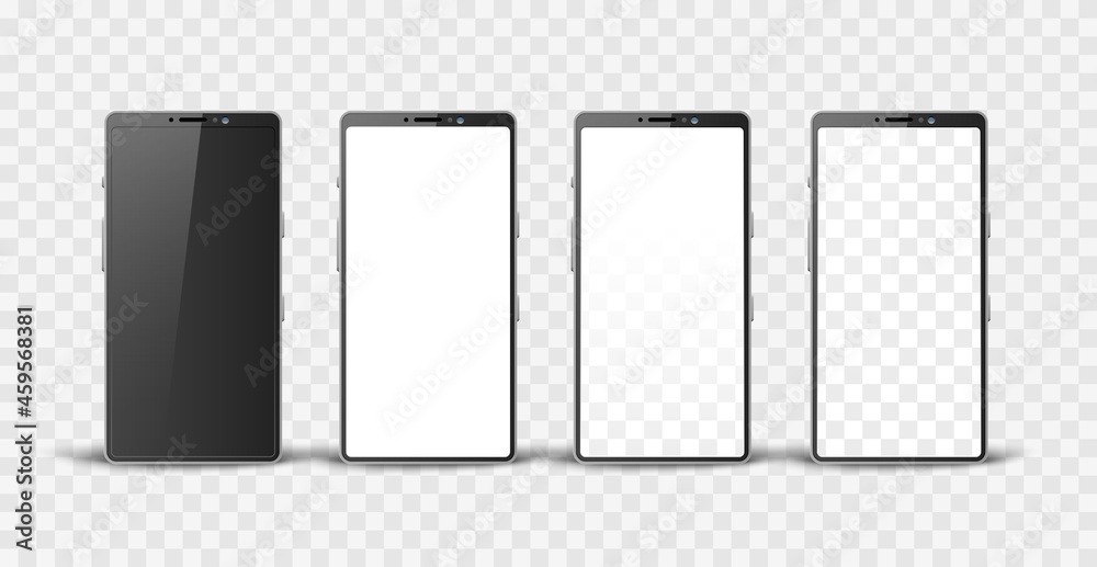 Realistic phone screens. Smartphone gadgets front view with different ...