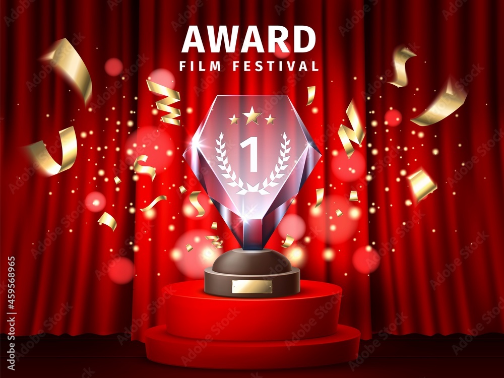 Award ceremony poster. Realistic podium with trophy on red background ...