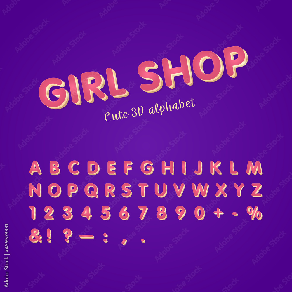Girl shop. Cute 3D alphabet, numbers and symbols in pink and yellow ...