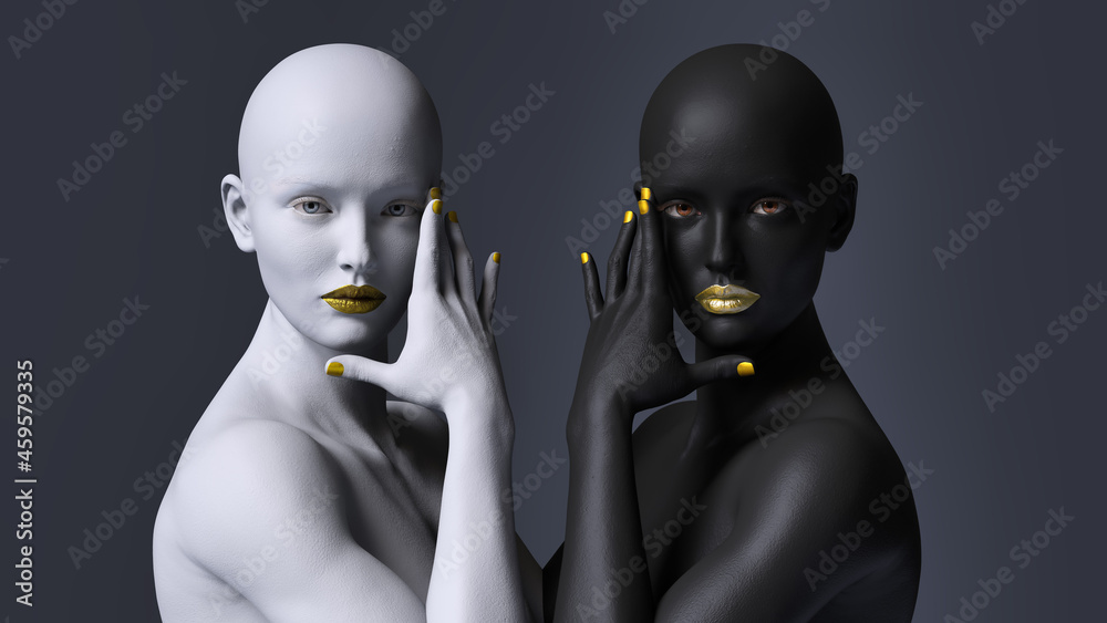 A white figure and a black figure are standing side by side, staring ...