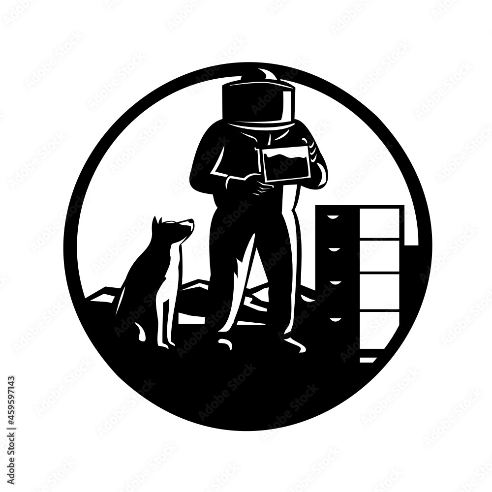 Mascot illustration of beekeeper wearing bee suit with border collie ...
