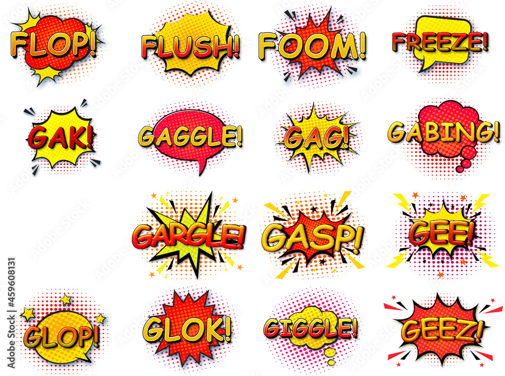 Comic speech bubbles set with different emotions and text flop, flush ...
