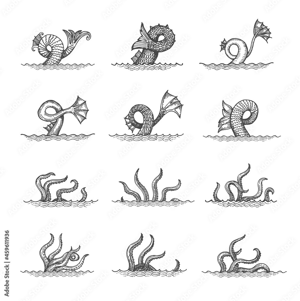 Octopus tentacles sketch, monster kraken tail or squid waving palps in ...