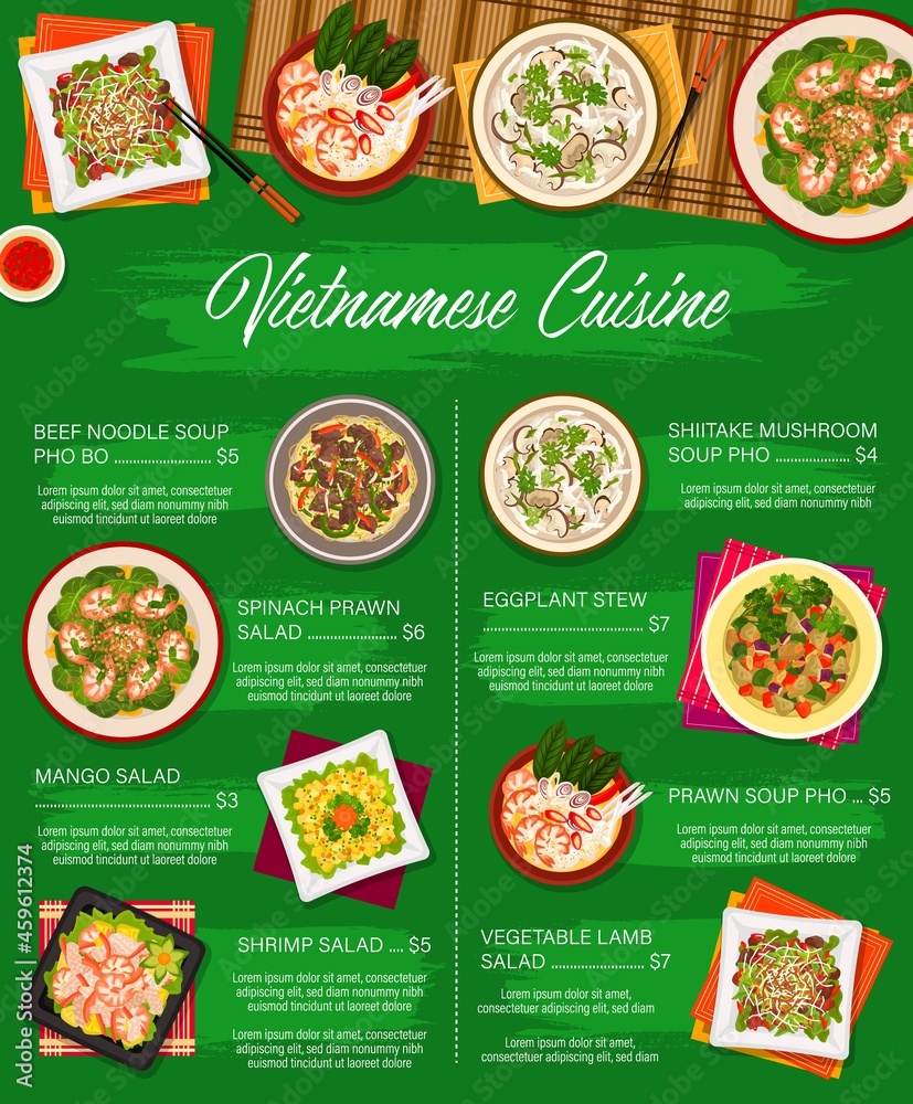 Vietnamese cuisine vector menu template vegetable lamb salad, beef ...