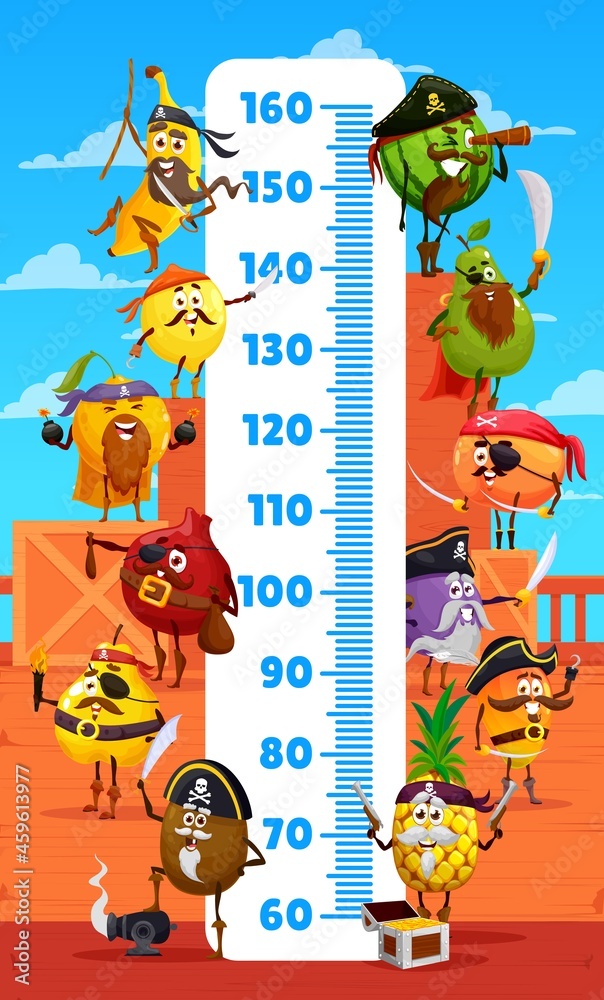 Kids height chart, cartoon fruit pirates and corsairs. Vector growh ...