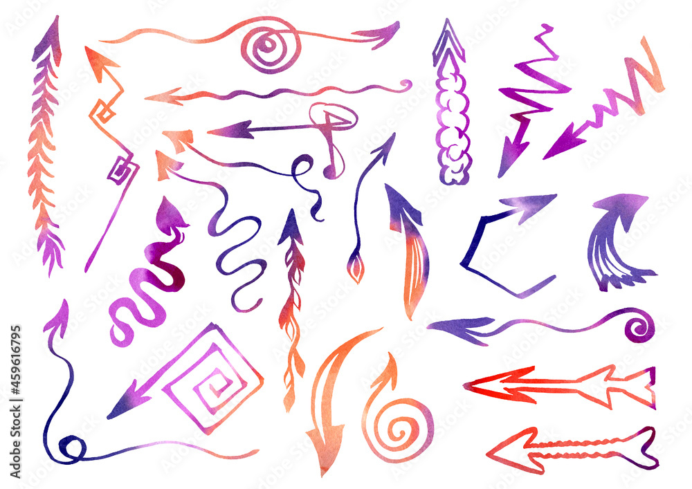 Watercolor Arrow freehand drawing. Large Set orange, purple and violet ...