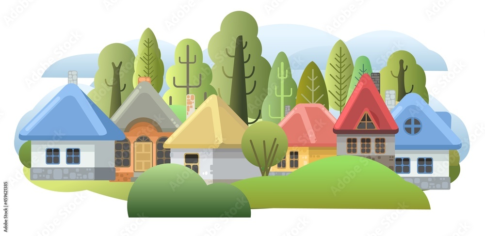 Country suburban village. Funny cartoon style. Farm hut in the garden ...