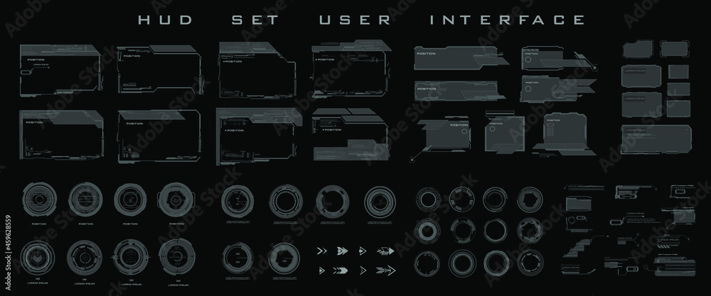 Big set frames, dialog boxes, targets, futuristic elements for navigating the game interface ...