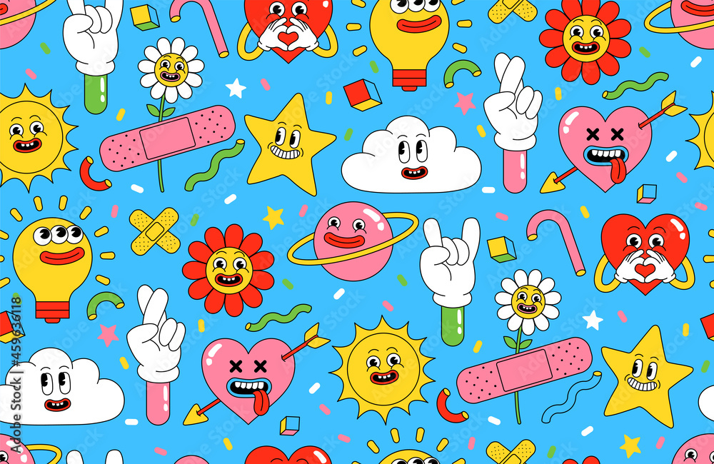 Cartoon characters background. Seamless pattern with funny stickers and ...