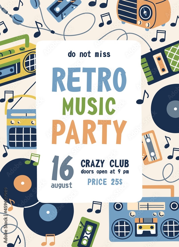 Flyer template for retro music party. Ad poster design for nostalgia ...