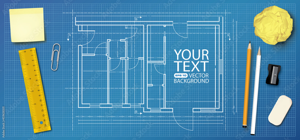 Blueprint project workspace work desk mockup, realistic vector design ...