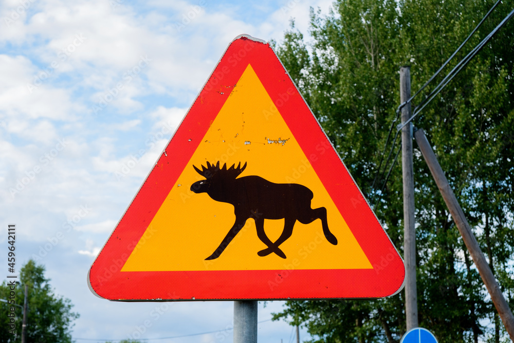 Traffic sign for game trail where wild animals (elk) cross the road ...