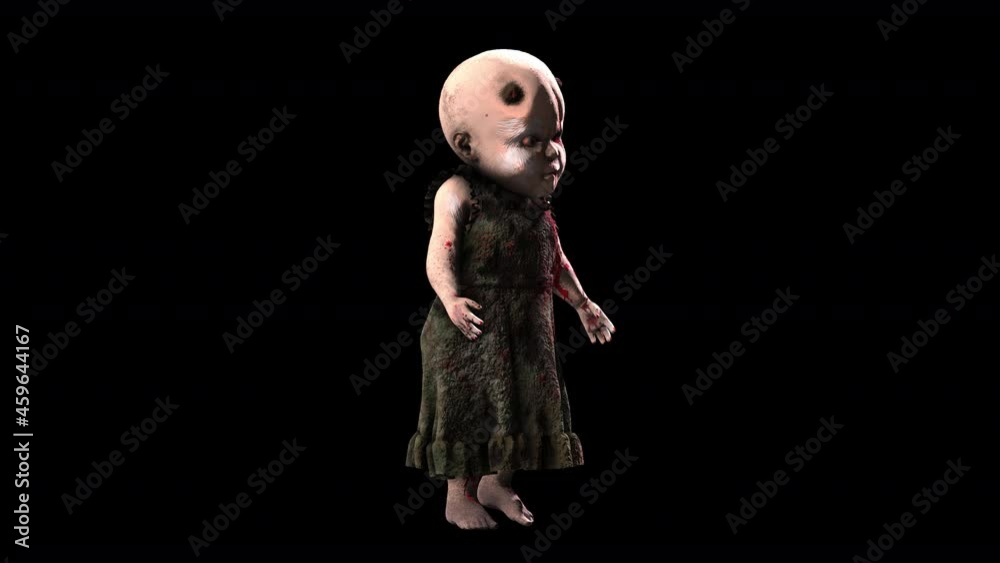 Seamless animation of a zombie devil baby doll isolated with alpha ...