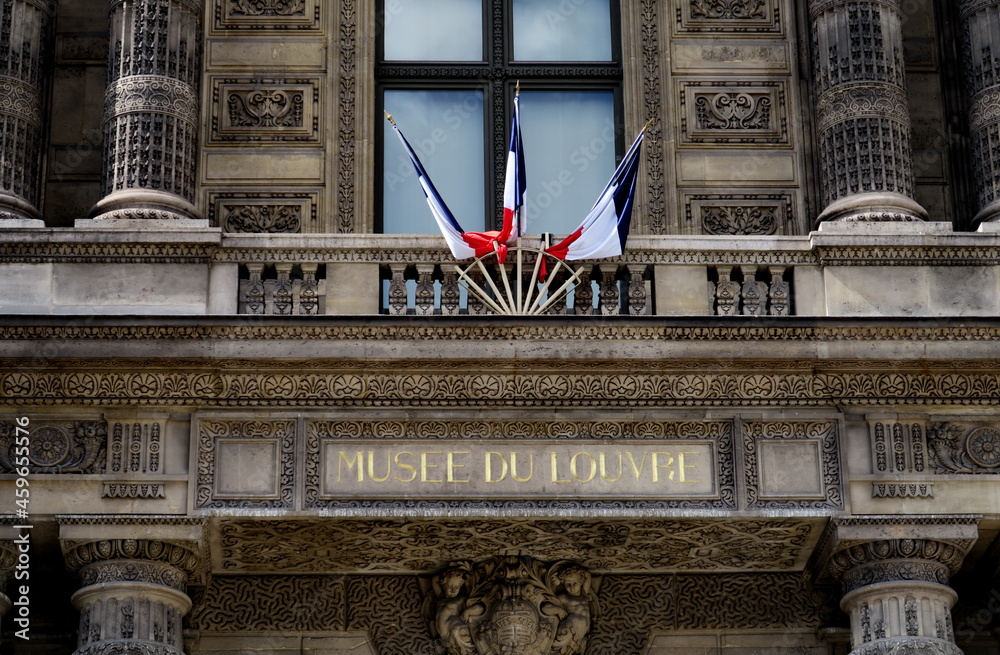 Entrée du Musée du Louvre. Drapeaux tricolores. Paris. Stock Photo | Adobe Stock