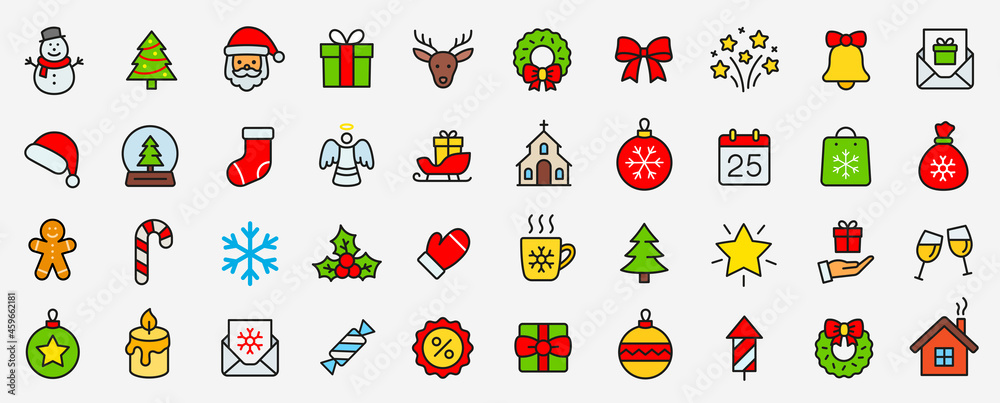 Christmas line colored icons collection. Holiday symbol. Outline Xmas ...