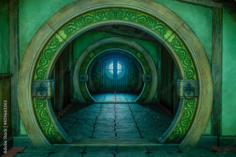 3D rendering of a medieval fantasy house hallway with round arches ...