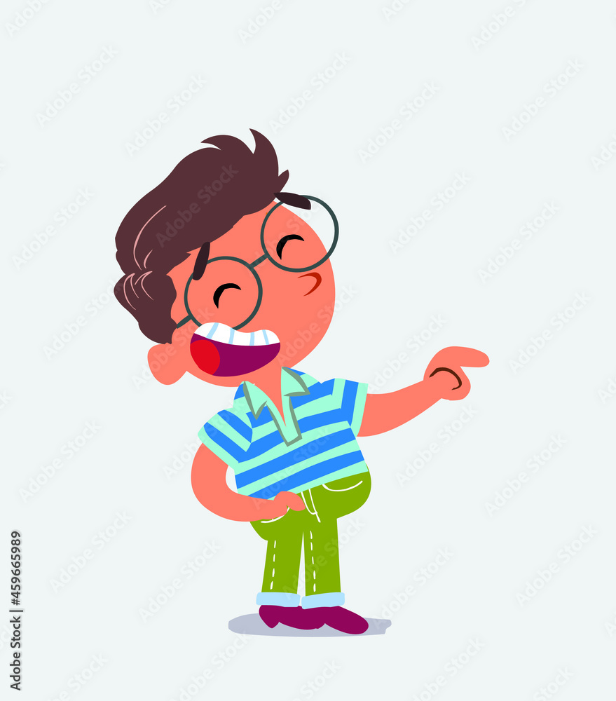 cartoon character of little boy on jeans points to his side while ...