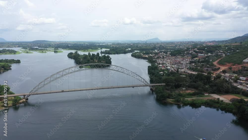 Aerial Adome bridge Volta river pull back part 2. Main river system in ...